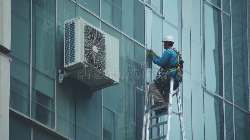 Maintenance Worker on Ladder Inspecting Building Facade with AC Unit on ...