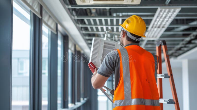 Maintenance Worker Replacing Air Filters in Office Stock Photo - Image ...