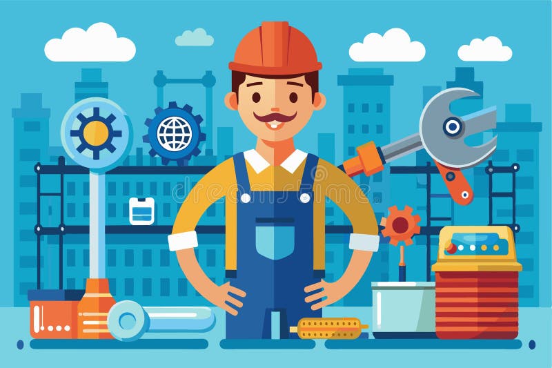 A Maintenance Worker Stands Confidently in a Vibrant Urban Workshop ...