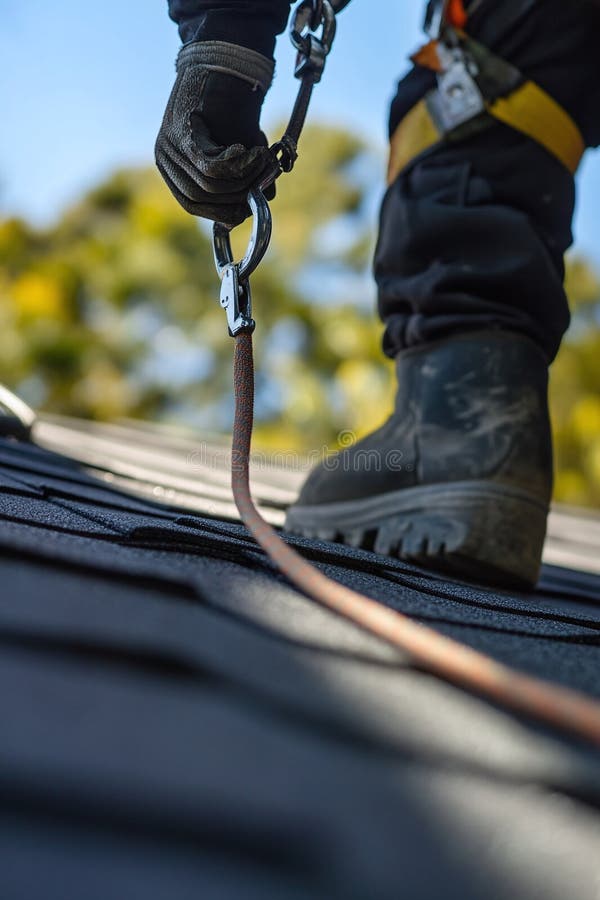 Maintenance Worker Using a Fall Arrest System while Repairing a Roof ...