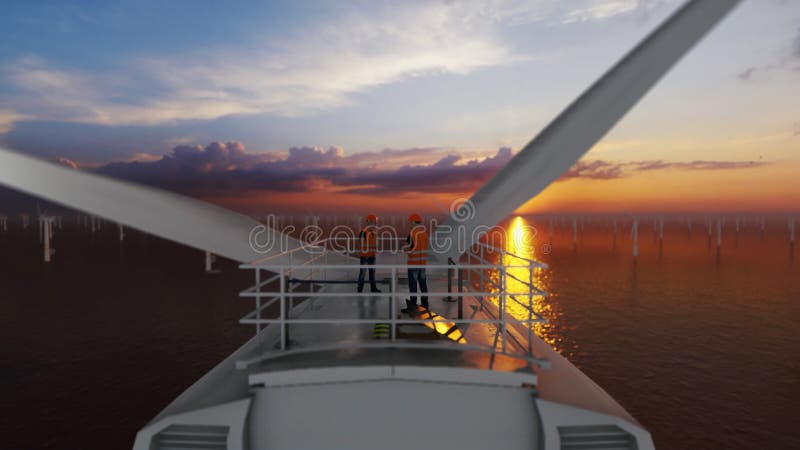 Maintenance Workers on Top of an Offshore Wind Turbine at Sunset, Loop ...