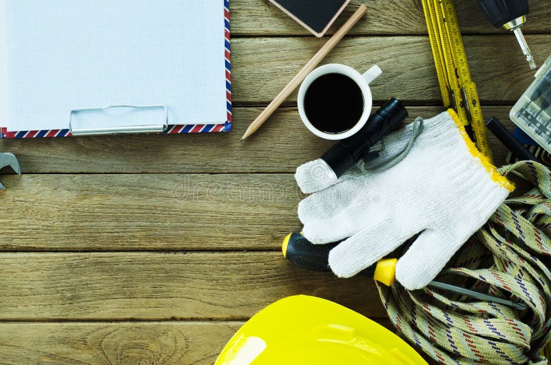 Maintenance Equipment Tools on Wood Table Backgrounds for Labor Stock ...