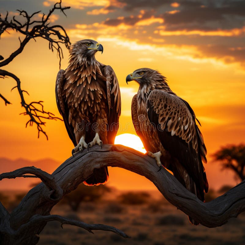Majestic African Eagle Perched on a Tree Branch during Sunset Stock Illustration - Illustration ...