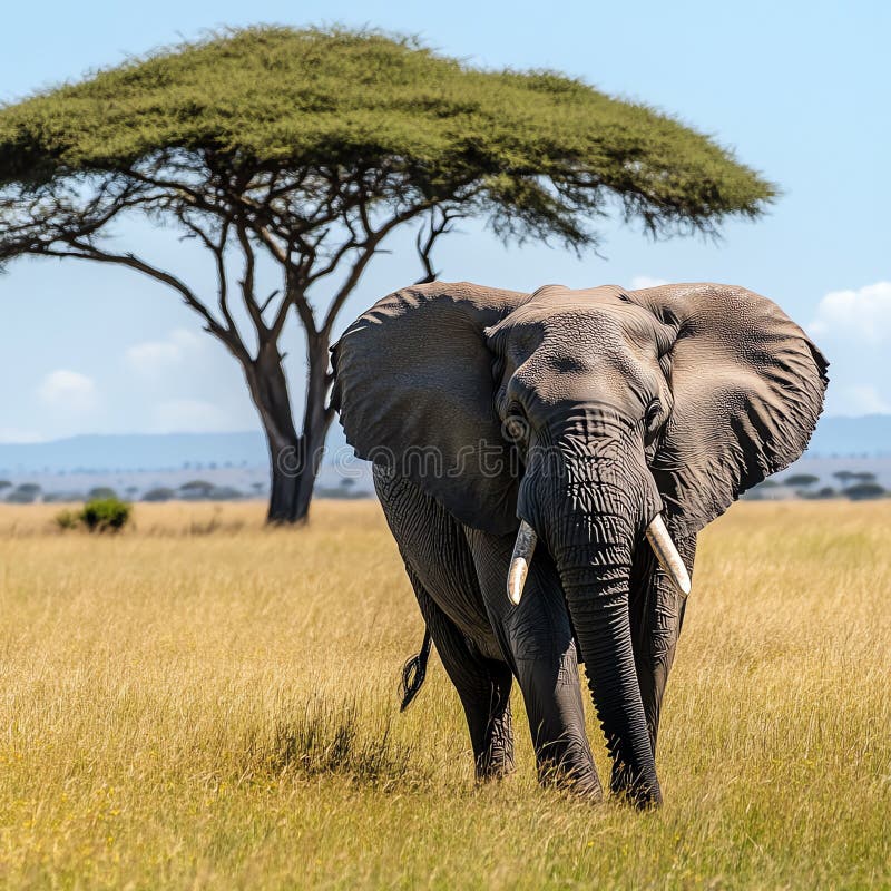Majestic African Elephant Under a Large Acacia Tree in the Savanna ...