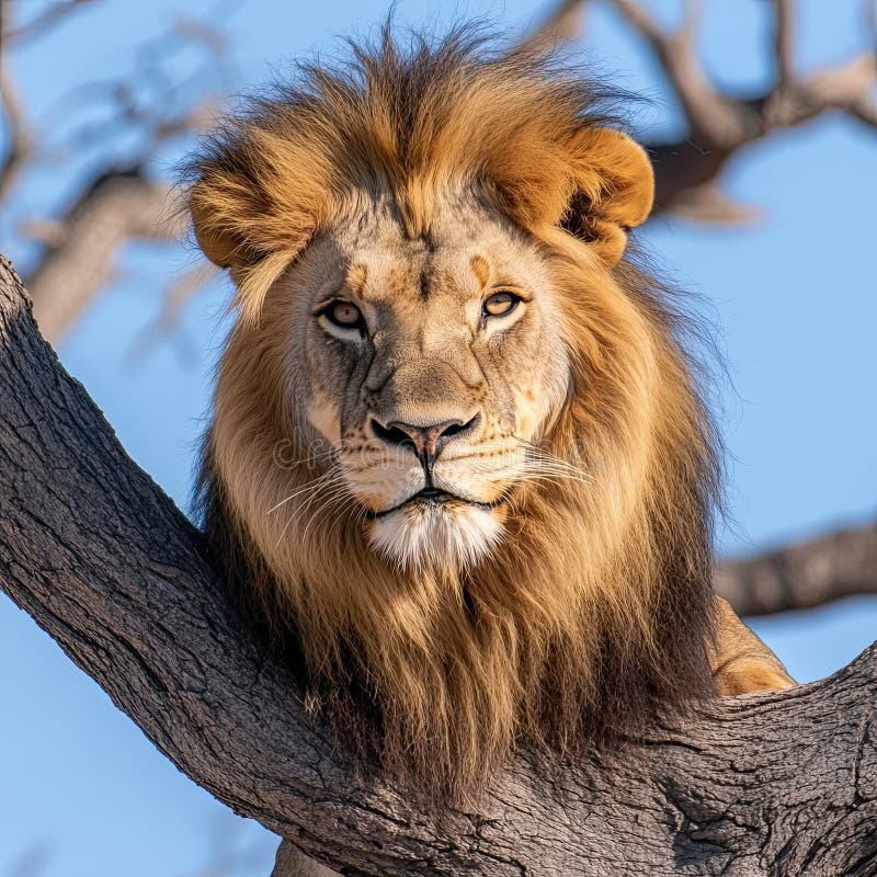Majestic African Lion in Tree Stock Illustration - Illustration of tree ...