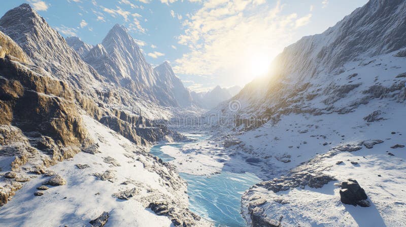 Majestic Alpine Mountains with Glacial River Under Bright Sunlight ...