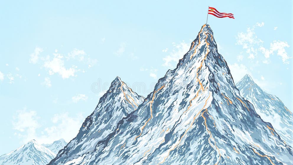Majestic Alpine Peak with Flag on Summit Stock Illustration ...