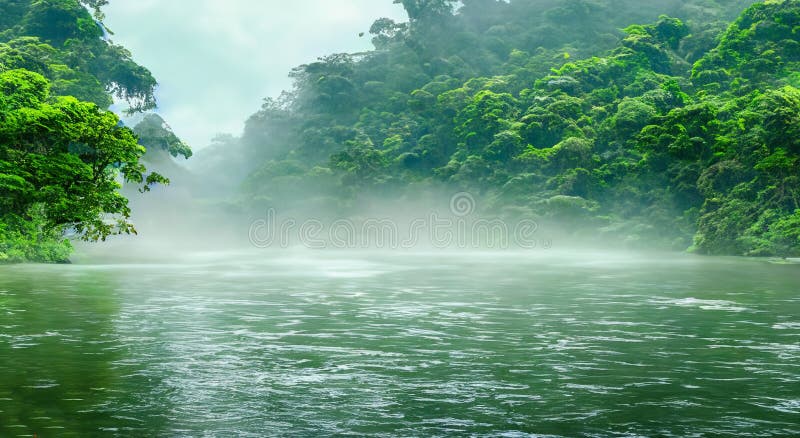 Majestic Amazon River with Mist in a Beautiful Sunrise Stock ...