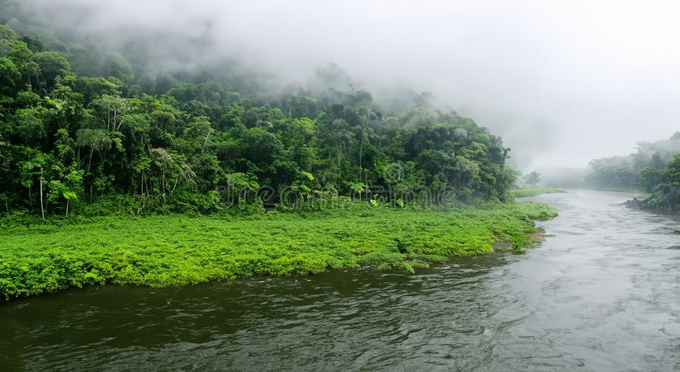 Majestic Amazon River with Mist in a Sunrise Stock Illustration ...