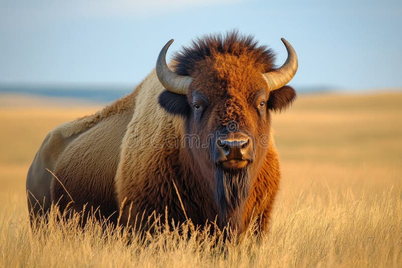 Majestic American Bison Standing in Tall Grass Field Stock Illustration ...