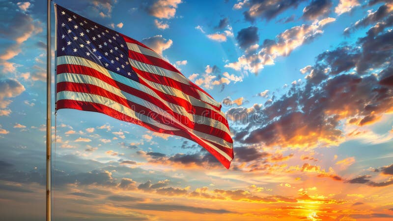 Majestic American Flag Waving at Sunset Sky Background Stock Image ...