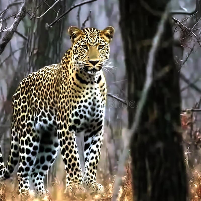 Majestic Amur Leopard Appears from Behind a Tree Trunk. AI Generative ...
