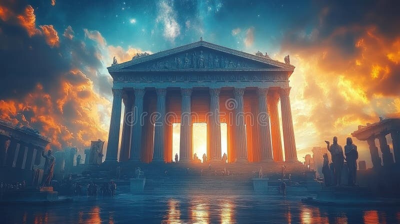 Majestic Ancient Greek Temple at Sunset Dramatic Cloudscape Classical ...