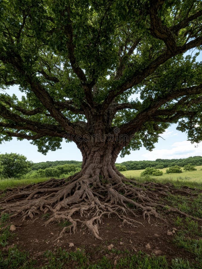 Majestic Ancient Oak Tree with Exposed Roots Stock Illustration ...