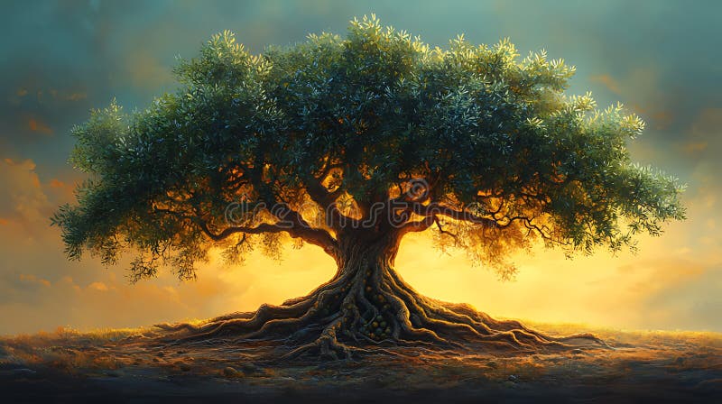 Majestic Ancient Olive Tree at Sunset, Showcasing Its Vast Root System ...
