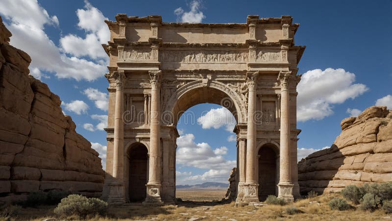 Majestic Ancient Stone Arch Under a Bright Sky, Surrounded by Rugged ...