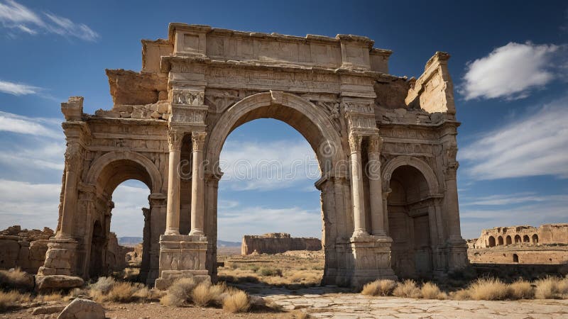 Majestic Ancient Stone Arch Under a Bright Sky, Surrounded by Rugged ...