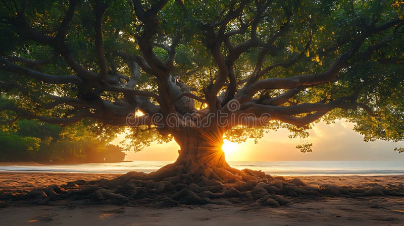 Majestic Ancient Tree on Beach at Sunrise, Sunlight Beams through ...