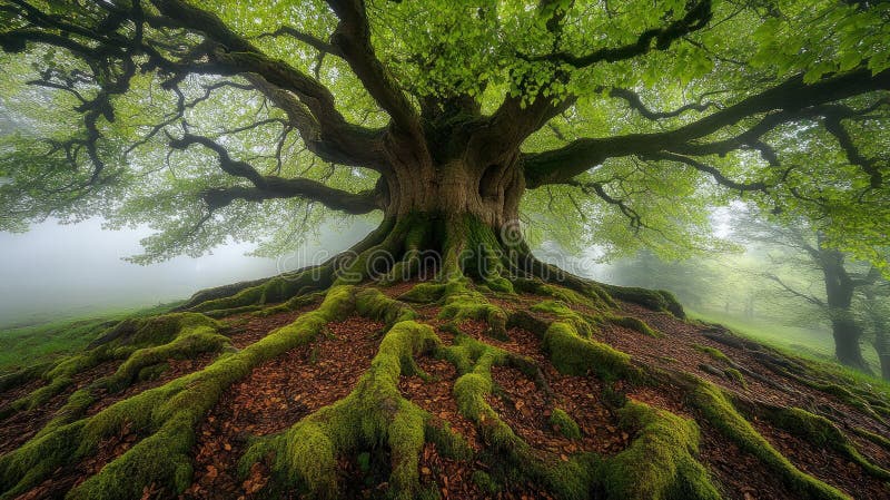 Majestic Ancient Tree with Exposed Roots and Misty Forest Background ...