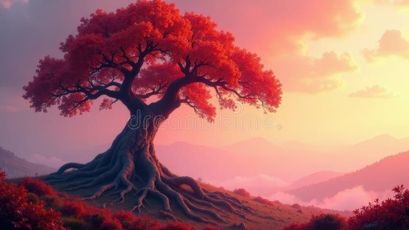 Majestic Ancient Tree with Exposed Roots at Sunset on a Misty Hilltop ...