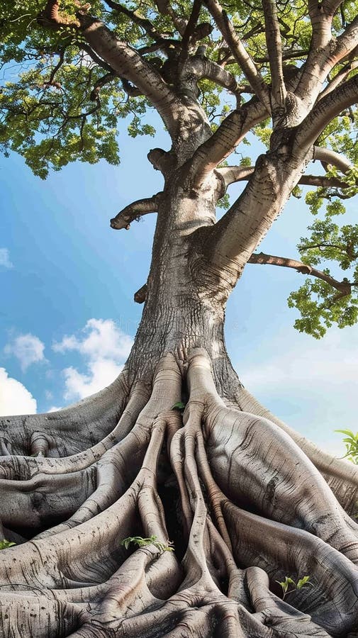 Big Tree with Extensive Big Roots Blue Sky Background Stock Photo ...