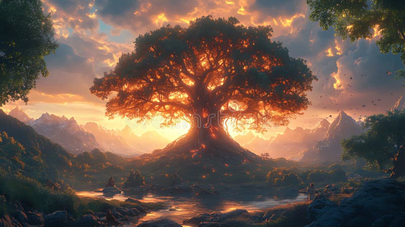 Majestic Ancient Tree Glowing at Sunset in a Serene Fantasy Landscape ...