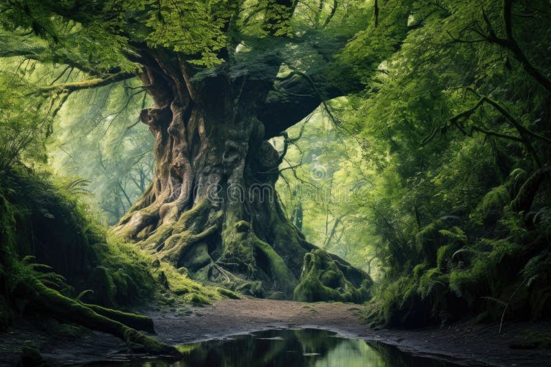 Majestic Ancient Tree in the Heart of the Forest Stock Illustration ...