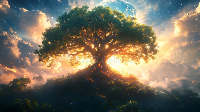 Majestic Ancient Tree on Hilltop at Sunrise, Glowing with Light Stock ...