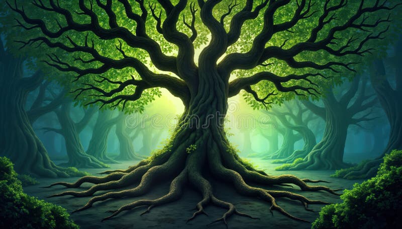 Majestic Ancient Tree Stands in Mystical Forest. Intertwined Roots ...