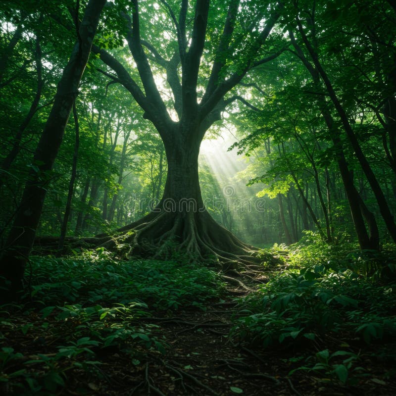 Majestic Ancient Tree in Sunlit Forest Stock Illustration ...