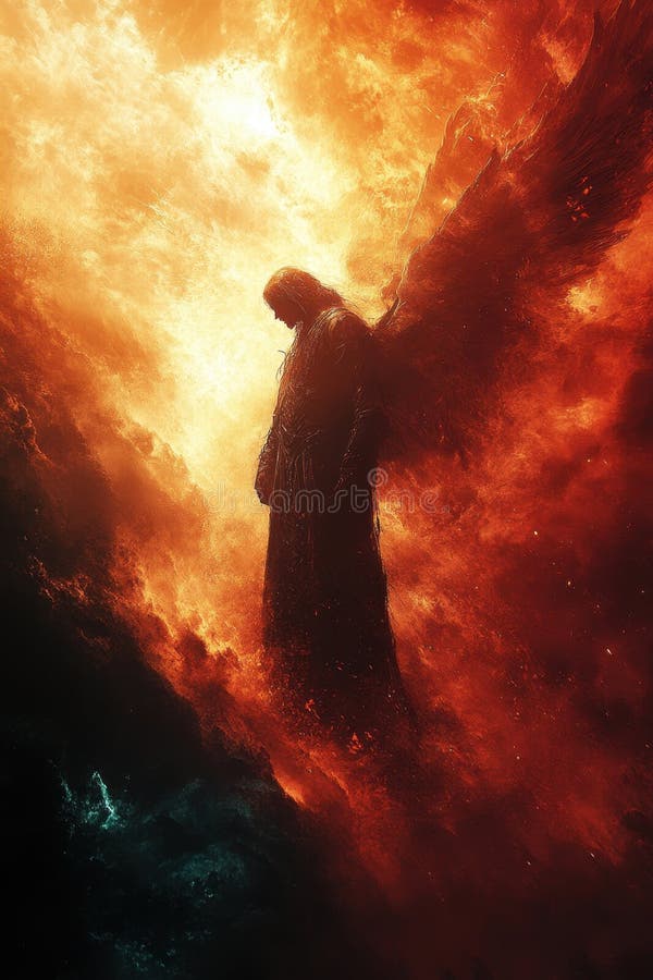 Majestic Angel Surrounded by Vibrant Flames with Glowing Light Shaping ...