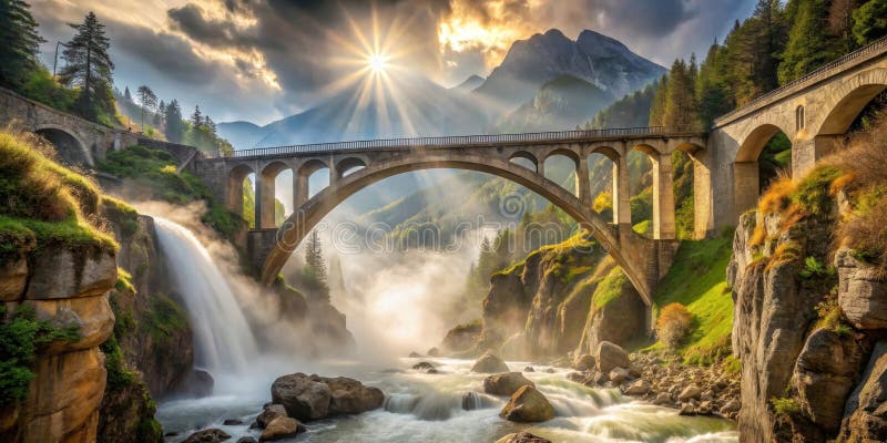Majestic Arched Bridge Spanning a Misty Waterfall and Dramatic Mountain ...