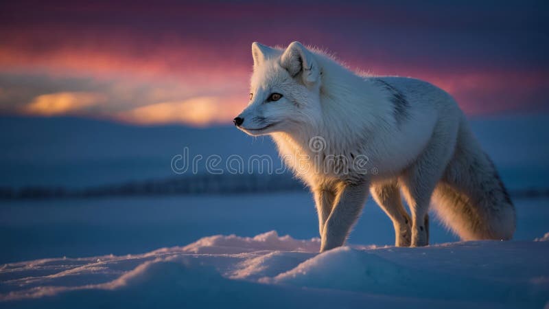 A Majestic Arctic Fox Stands on Snow Against a Vibrant Sunset Backdrop ...