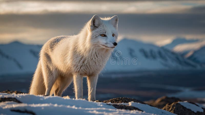 A Majestic Arctic Fox Stands on a Snowy Landscape Against a Dramatic ...
