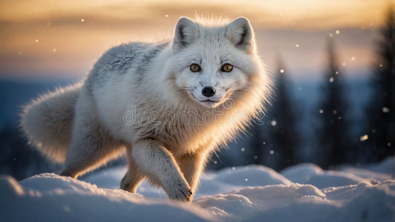 Majestic Arctic Fox Walking in Winter Snow at Sunset Stock Illustration ...