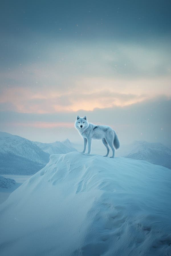Majestic Arctic Wolf Standing on Snowy Ridge with Serene Sunset Sky ...