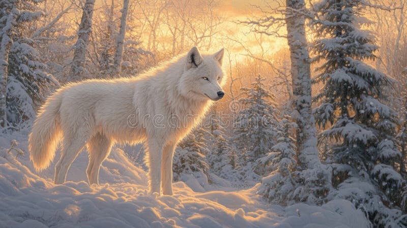 Majestic Arctic Wolf at Sunrise in Snowy Forest Stock Illustration ...