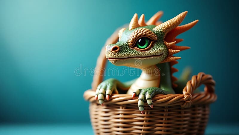 Majestic Baby Dragon Resting in Basket with Blue Background Stock ...
