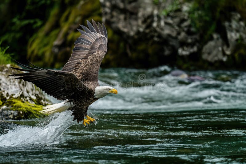 Majestic Bald Eagle Catching Fish in Wild River Stock Photo - Image of ...