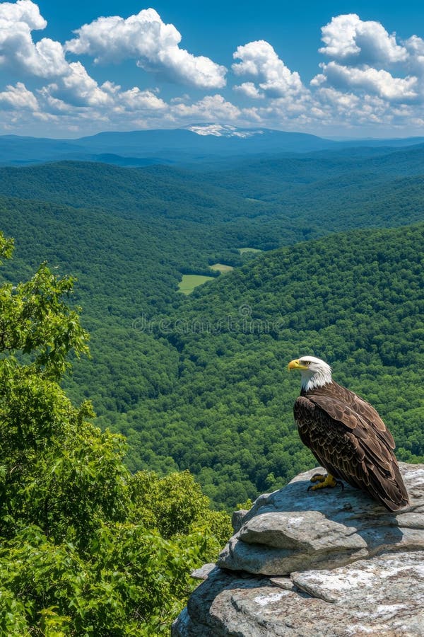 Majestic Bald Eagle on Cliff Edge, Overlooking Expansive Green Valley ...
