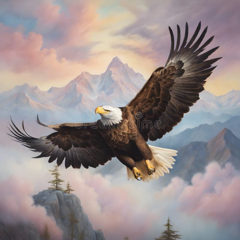 Bald Eagle Soaring Over Mountain Landscape in a Cloudy Sky Stock Photo ...