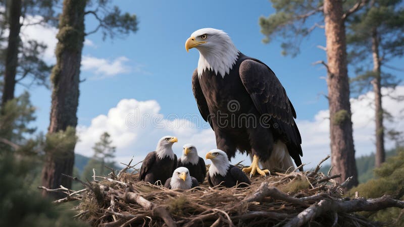 Majestic Bald Eagle Family Nurturing Young in Nest Stock Illustration ...