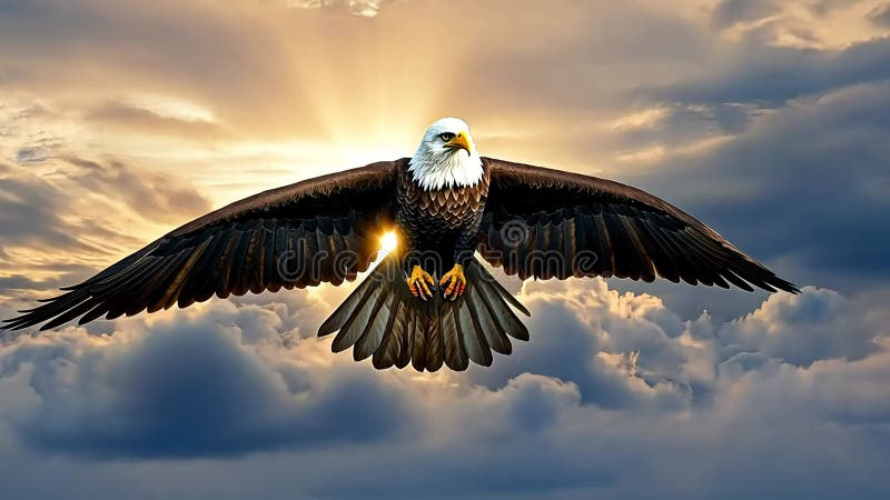Majestic Bald Eagle in Flight Against a Dramatic Sunset Sky Over a ...