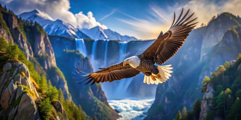 Majestic Bald Eagle in Flight Over a Cascading Waterfall and Mountain ...