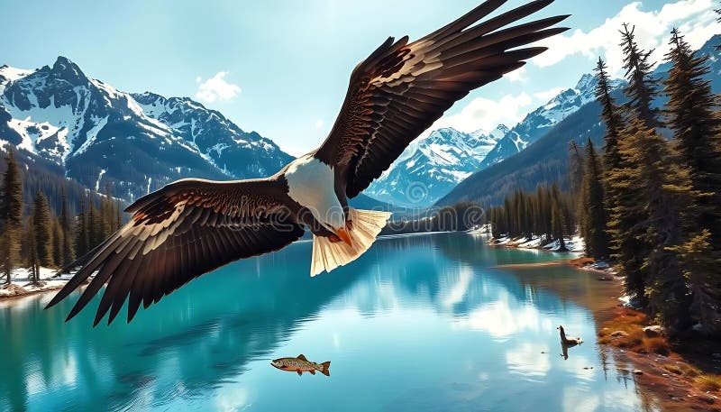 Majestic Bald Eagle in Flight Over Serene Mountain Lake Stock Image ...