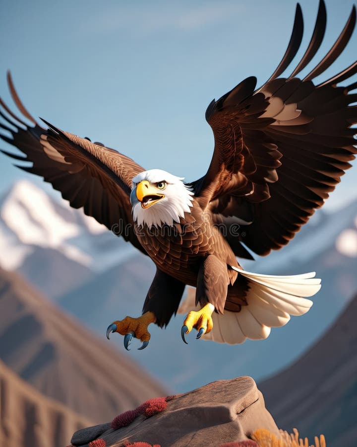 Majestic Bald Eagle in Flight Over Snow-capped Mountains Stock Photo ...