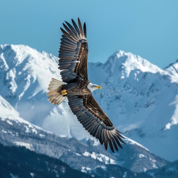 Majestic Bald Eagle in Flight Over Snow-capped Mountains. (1 Stock Image - Image of majestic ...