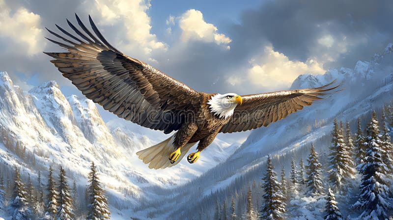 Majestic Bald Eagle in Flight Over Snow-capped Mountains and Evergreen Forest Stock Image ...