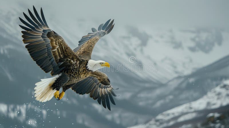 Majestic Bald Eagle in Flight Over Snowcapped Mountains with Realistic ...
