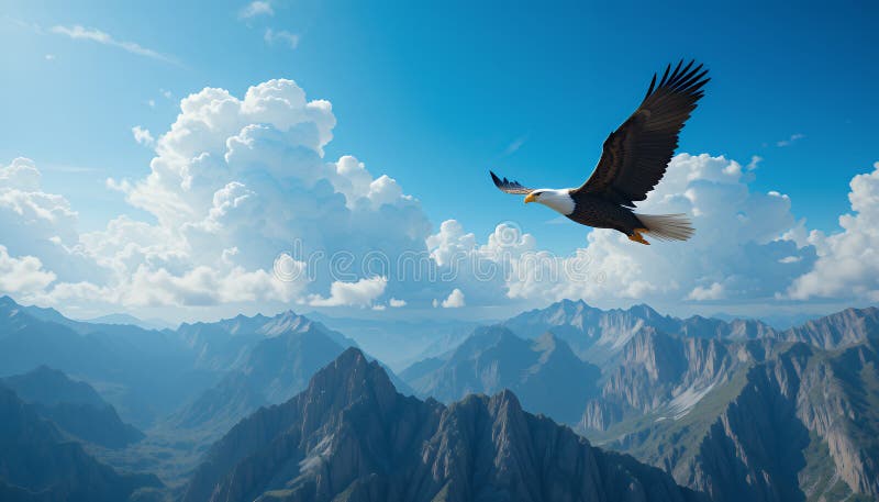 Majestic Bald Eagle Soaring Over a Mountain Range Under a Sunny Sky Stock Illustration ...